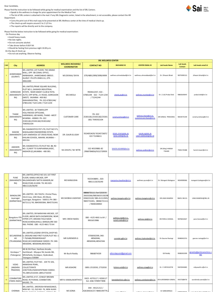 Instructions and Contact Details for Medical Examination at SRL ...