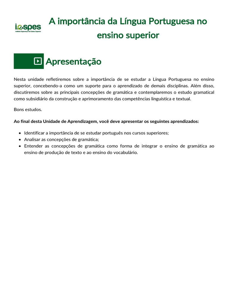 A Importância Da Língua Portuguesa No Ensino Superior 1 Conteudo