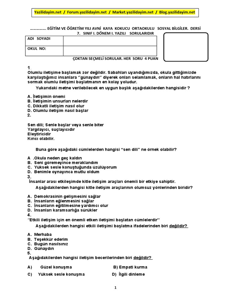 7.sinif Sosyal Bilgiler 1.donem 1.yazili Sorulari Yeni 5 | PDF