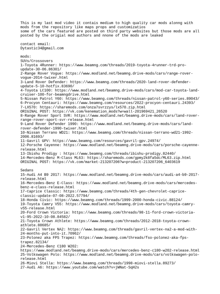 Last Mod Video with 90+ Realistic Car Mods | PDF | Wheeled Vehicles | Manufactured Goods