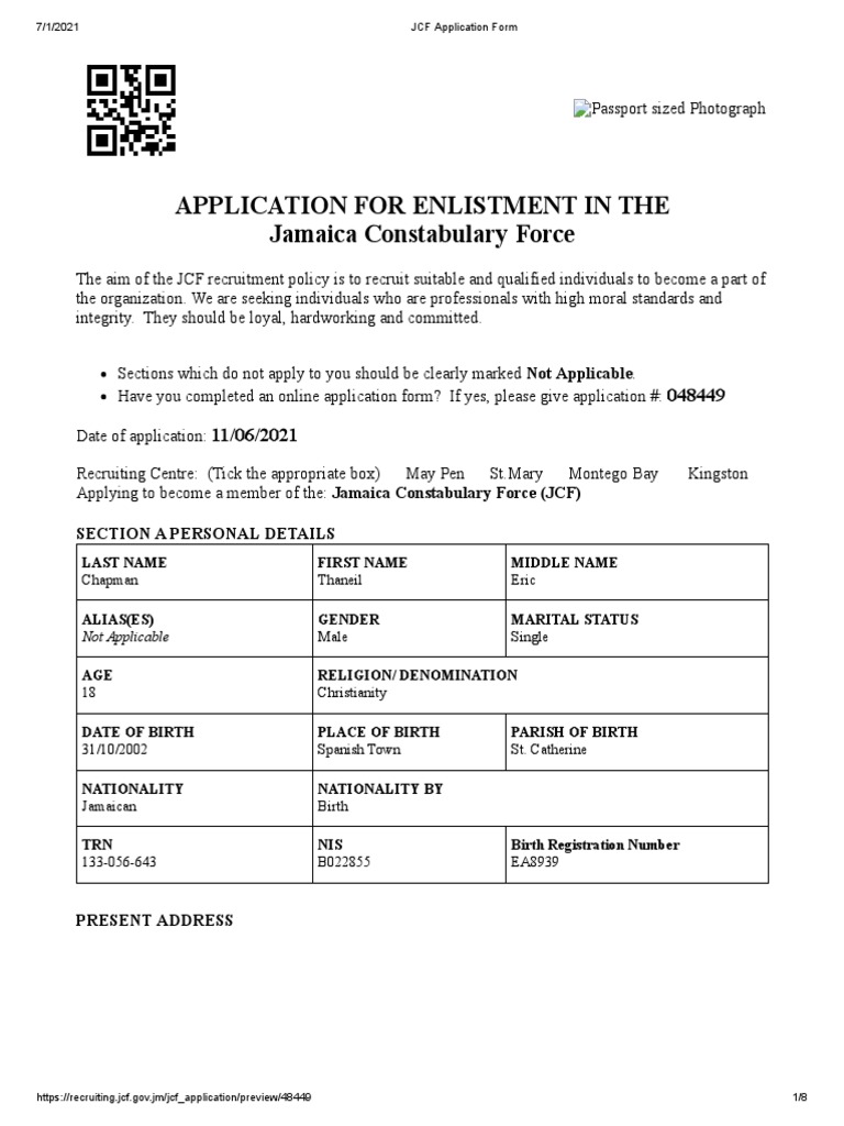 Thaneil Chapman JCF Application Form | PDF | Jamaica | Government