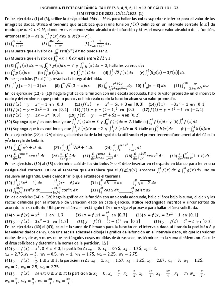 Talleres 3, 4, 5, 6, 11 y 12 de Cálculo Ii G2. Semestre 2 de 2022. 24-11-2022. | PDF | Integral ...