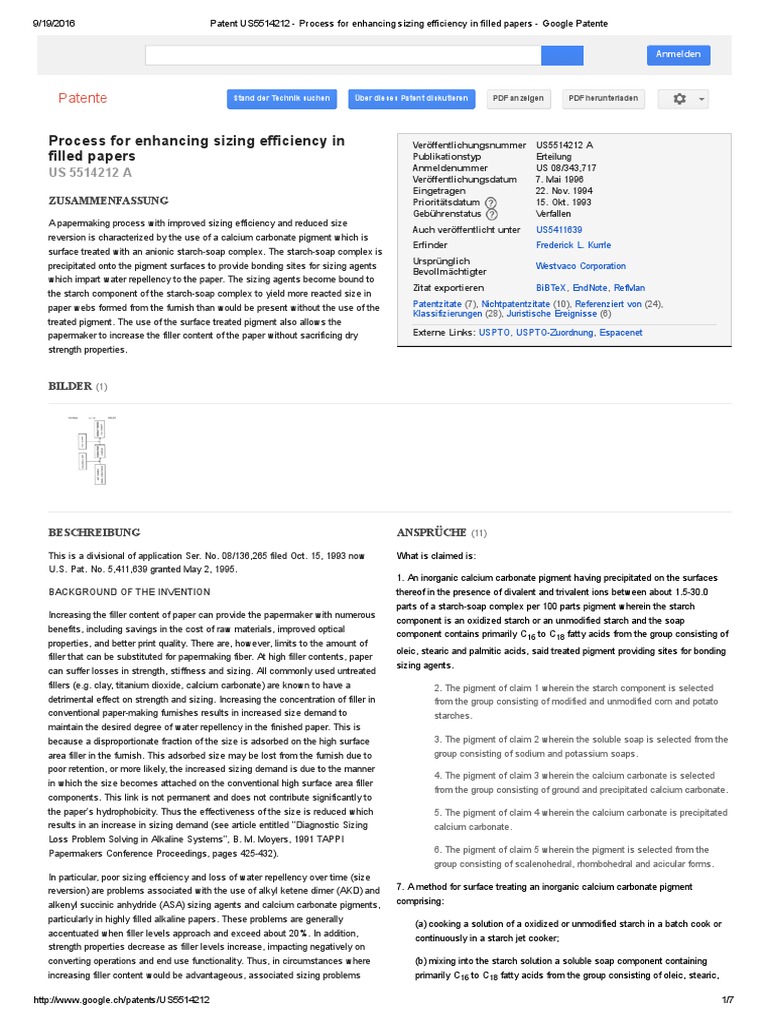 Patent US5514212 - Process For Enhancing Sizing Efficiency in Filled ...