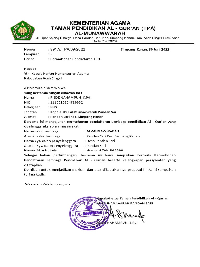 Contoh Surat Permohonan TPQ Aplikasi SIPDAR | PDF