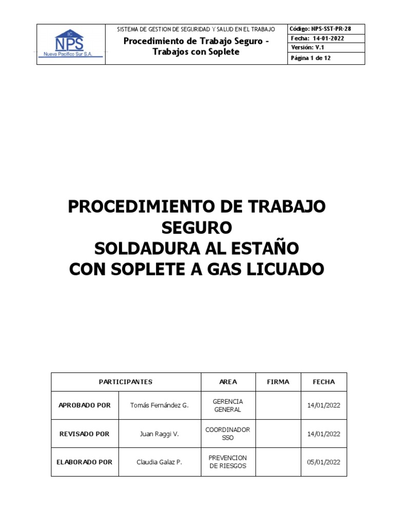 NPS-SST-PR-28 - Procedimiento de Trabajo Seguro - Trabajos Con Soplete - v11 | PDF | Soldadura ...