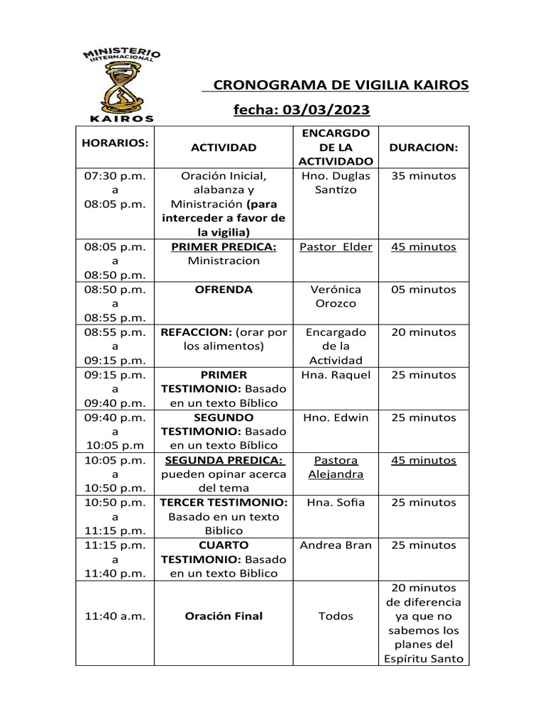 Cronograma de Vigilia Kairos | PDF