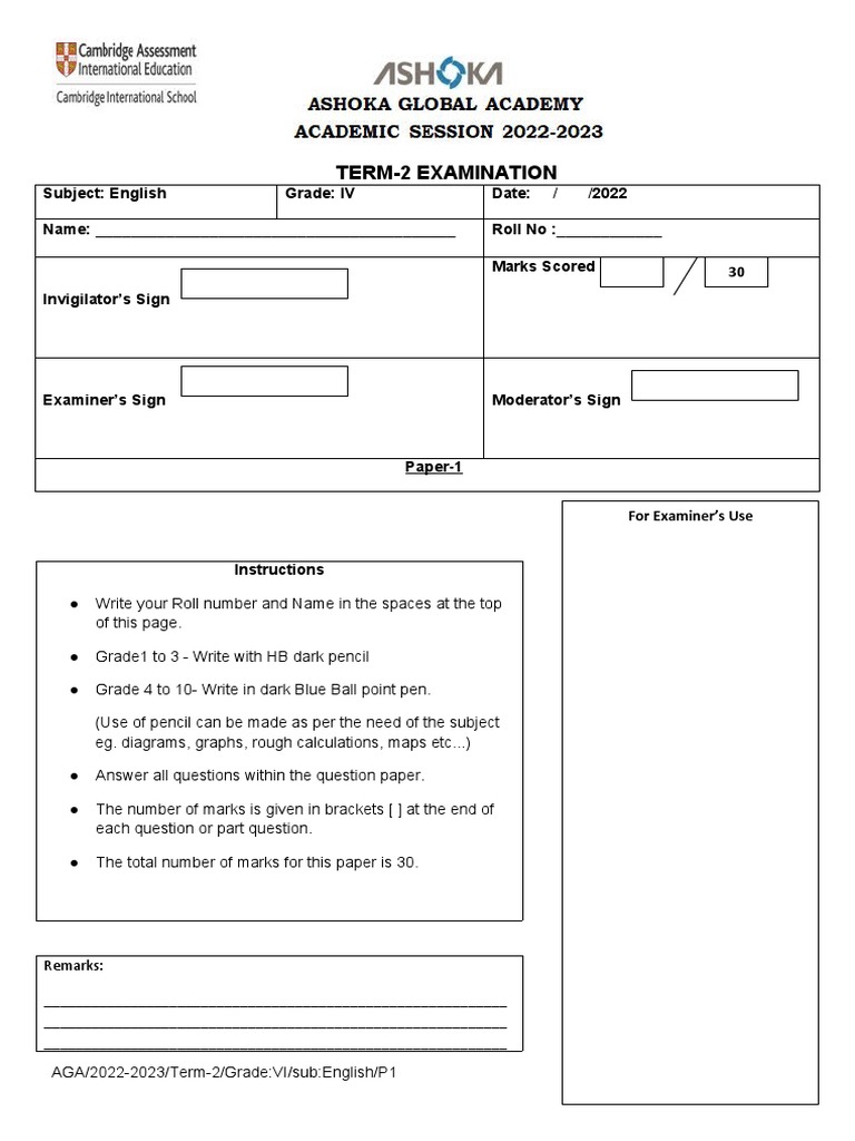 Term-2 G4 English Question Paper - Paper 1 | PDF