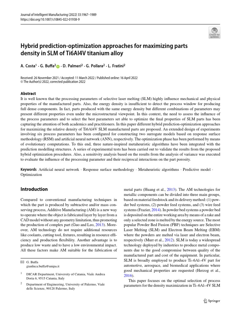 Hybrid Prediction-Optimization Approaches For Maximizing Parts Density in SLM of Ti6Al4V ...