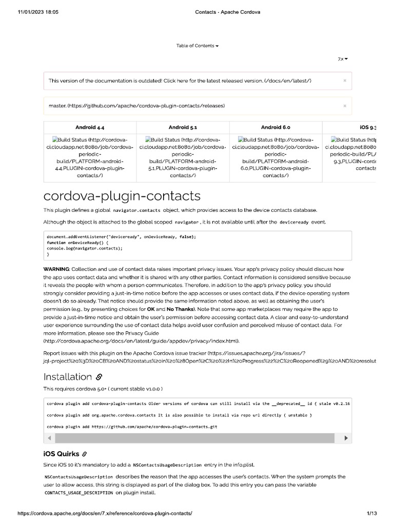 Cordova Contact Plugins | PDF