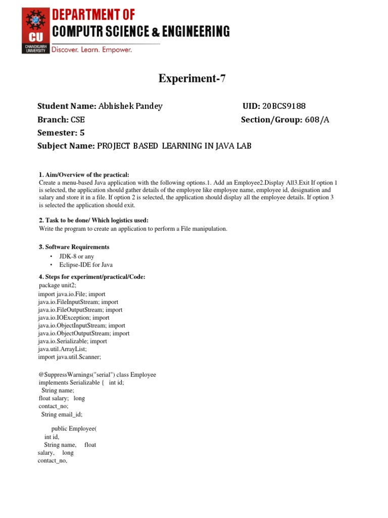 20BCS9188 Abhishek Pandey EXP 7 | Download Free PDF | Java (Programming Language) | Software ...