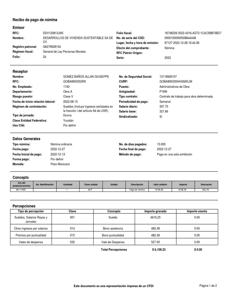 Recibo de Pago de Nómina Emisor | PDF | Salario | Labor