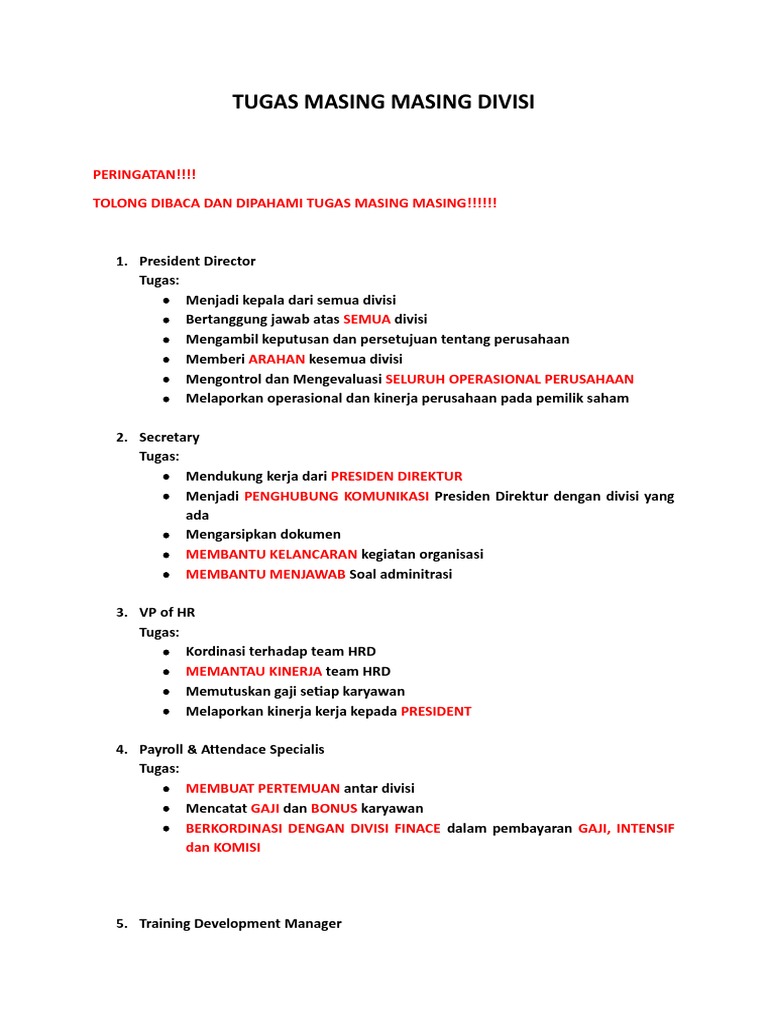 Tugas Masing Masing Divisi | PDF