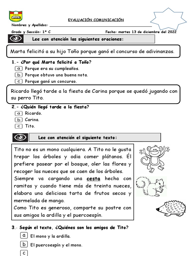 Evaluación Final De Comunicación Primer Grado Pdf Osos Nuez