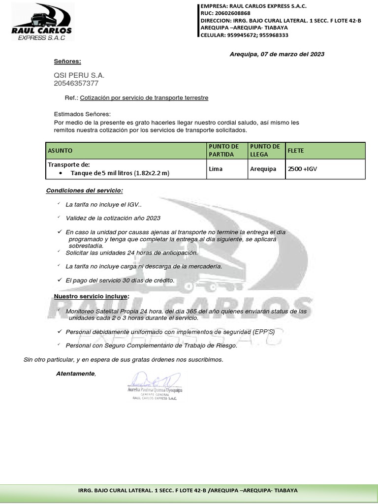 Cotización Qsi Peru Sa PDF | PDF