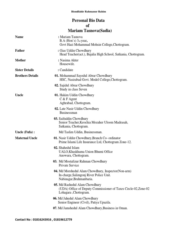 Mariam Tasnova's Personal Bio Data | PDF