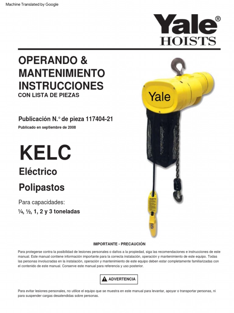 YALE Manual para Polipasto KELC | PDF | Tornillo | Engranaje