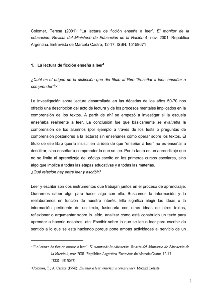 La Lectura de Ficcion Ensena A Leer | PDF | Enseñando | Aprendizaje