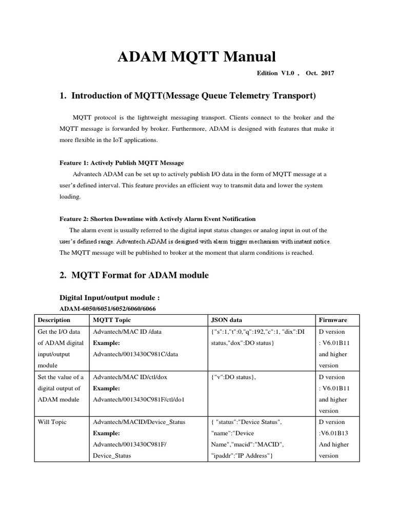 ADAM MQTT Manual V1 | PDF | Telecommunications | Computer Networking