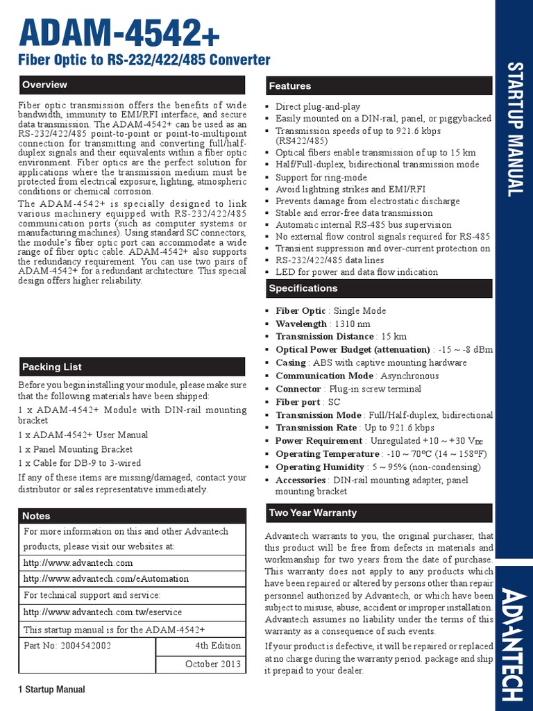 ADAM-4542P - Manual - Ed 4 | PDF | Optical Fiber | Duplex (Telecommunications)
