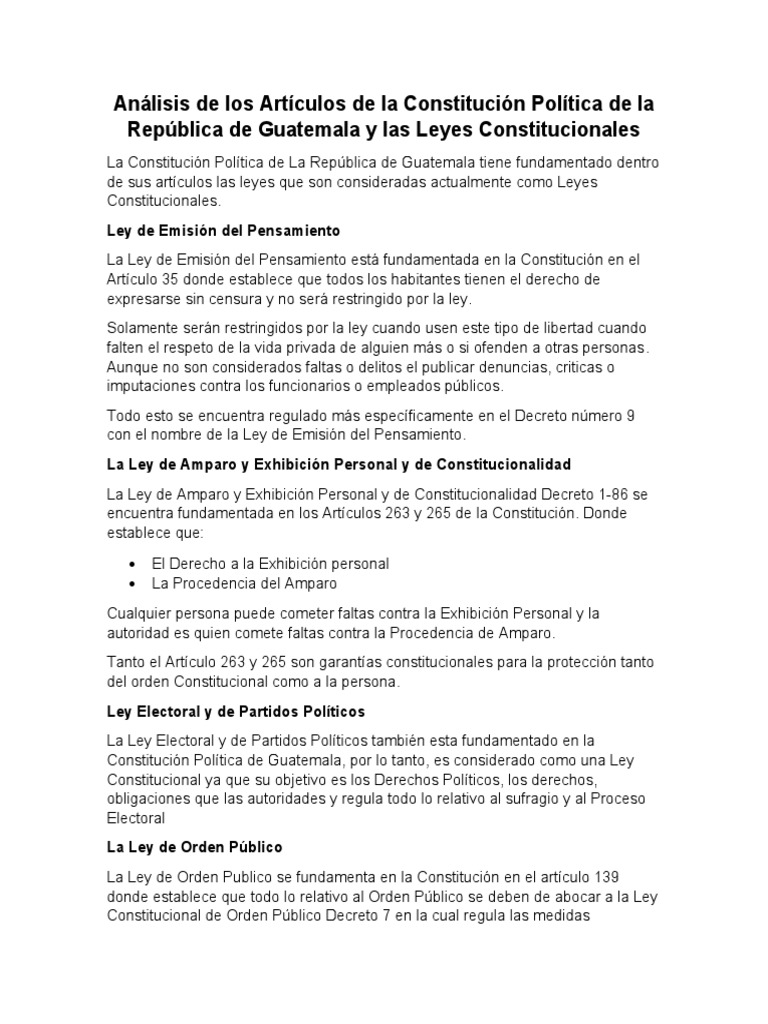 Análisis de Los Artículos de La Constitución Política de La República de Guatemala y Las Leyes ...