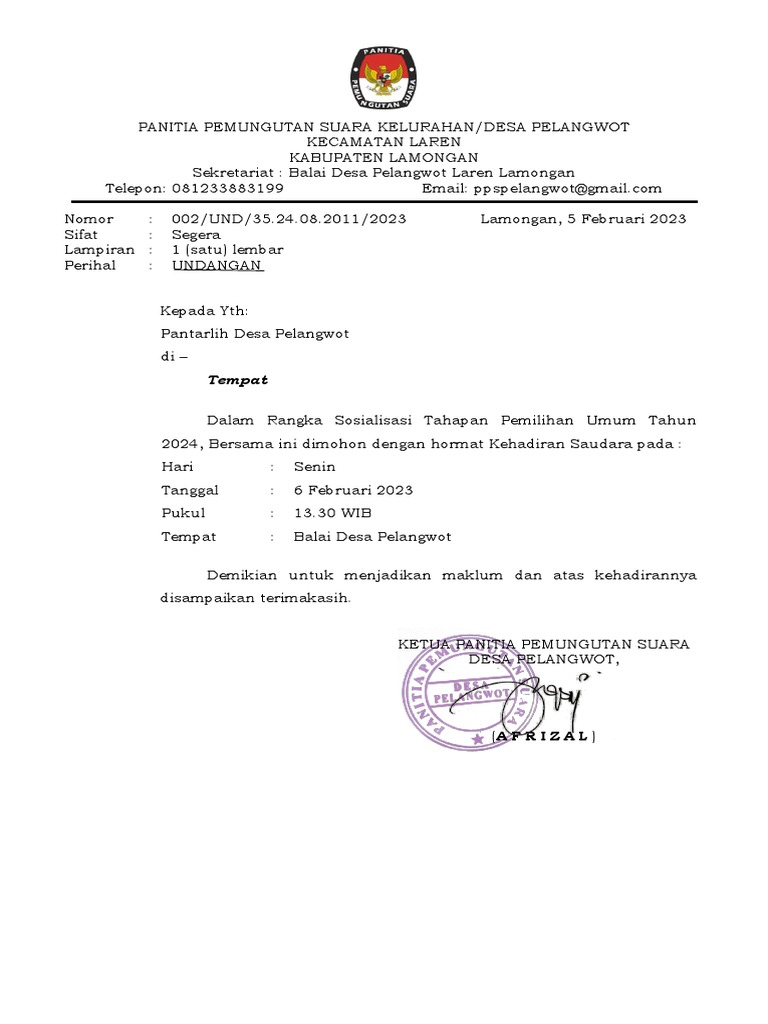 Undangan Sosialisasi Pemilu 2024 Pelangwot | PDF