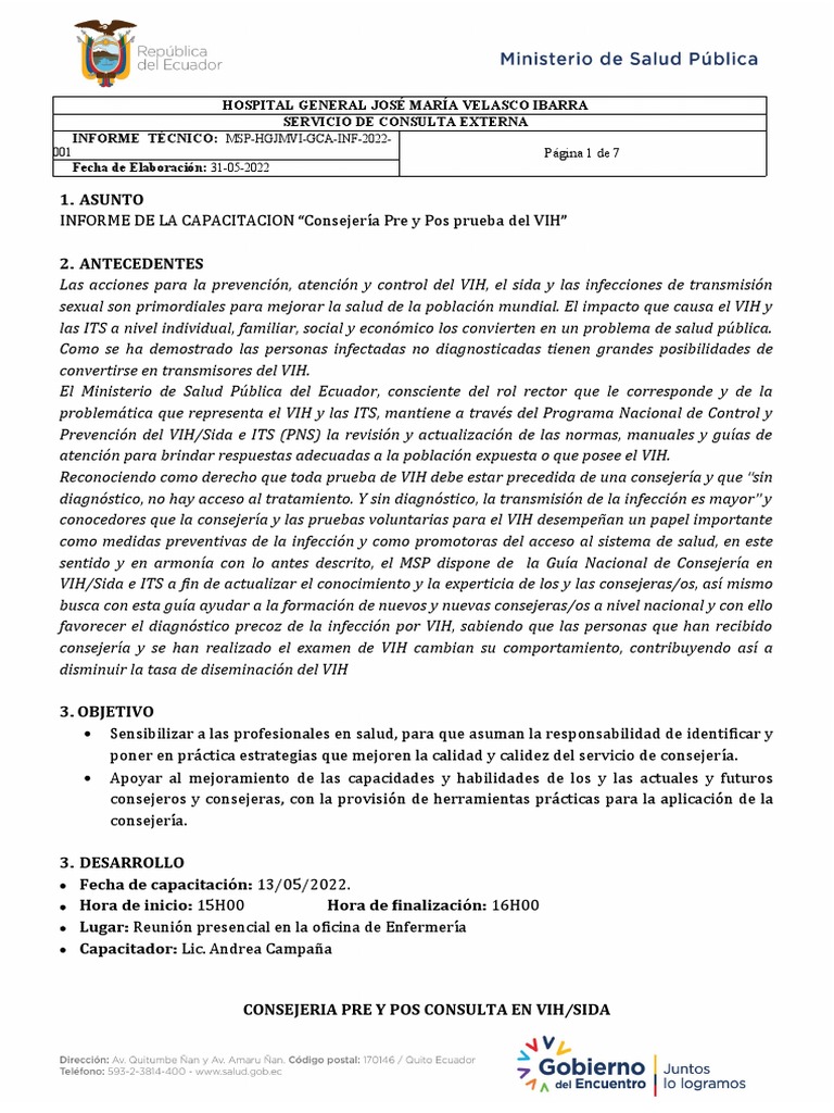Informe de Capacitacion Consejeria Pre y Pos Prueba Vih | PDF | VIH ...