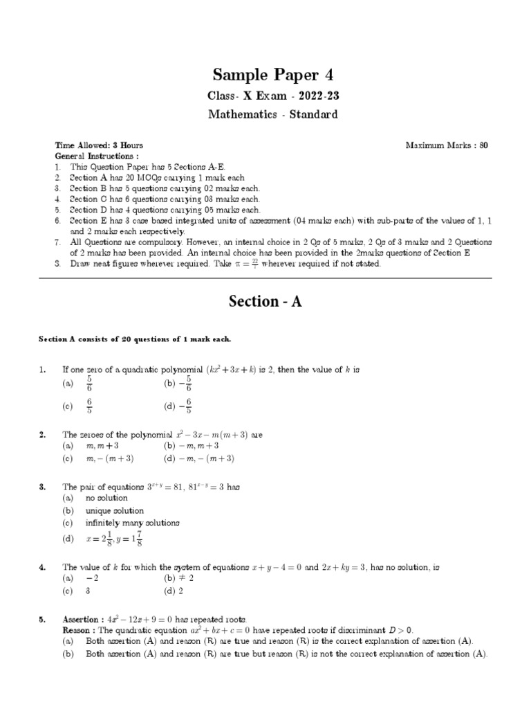 Class 10 Maths Sample Paper 2022-23 | PDF | Area | Quadratic Equation
