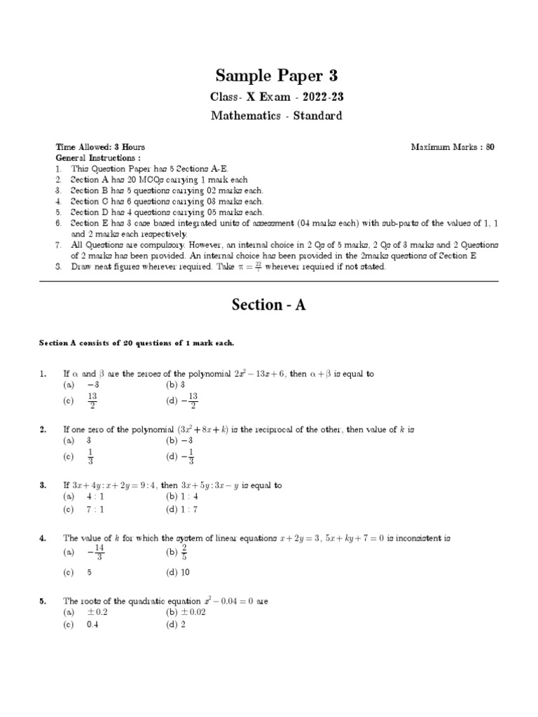 Class 10 Math Sample Paper2 | PDF | Circle | Area