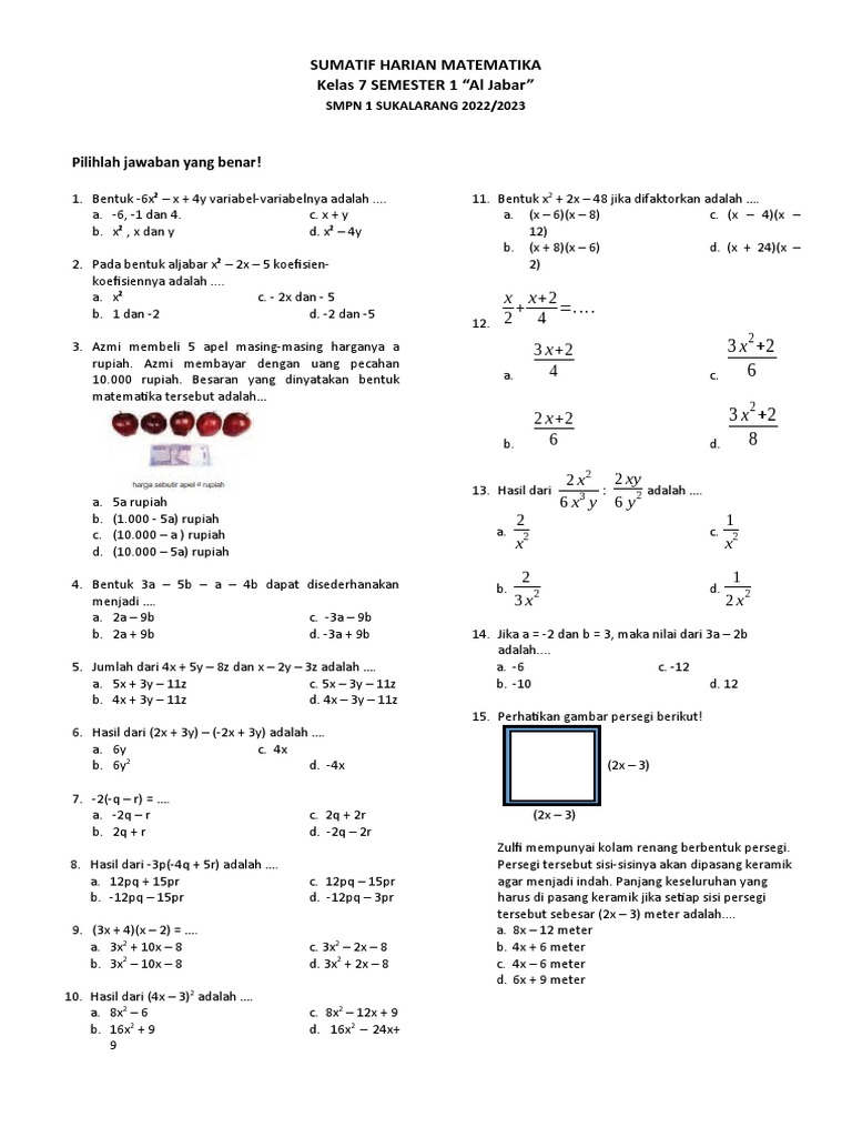 Soal MTK kls.7 ALJABAR | PDF