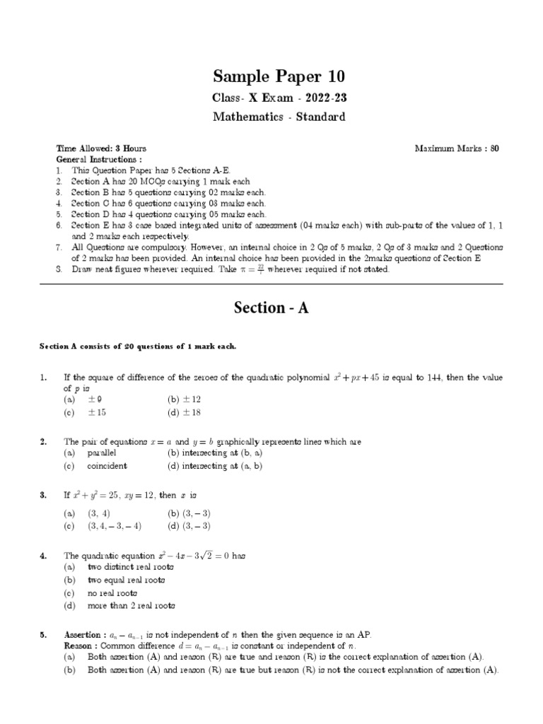 Class 10 Math Sample Paper 5 | PDF | Circle | Trigonometric Functions Class 10 Math Sample Paper 5 | PDF | Circle | Trigonometric Functions