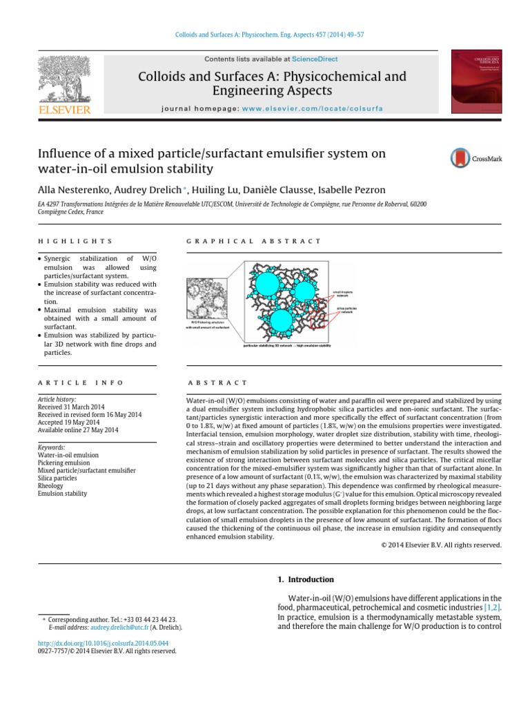 (Alla Nesterenko 2014) Influence of A Mixed Particle-Surfactant Emulsifier System On W-O ...