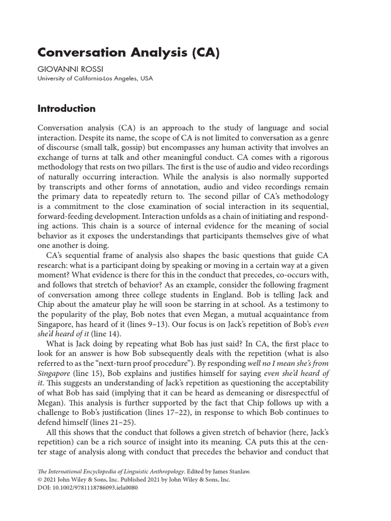 Rossi - 2021 - Conversation Analysis (CA) | PDF | Sociology | Cognitive ...