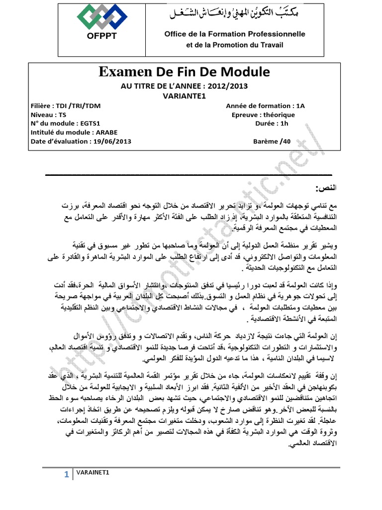 Examen de Fin de Module: AU TITRE DE L'ANNEE: 2012/2013 Variante1 | PDF