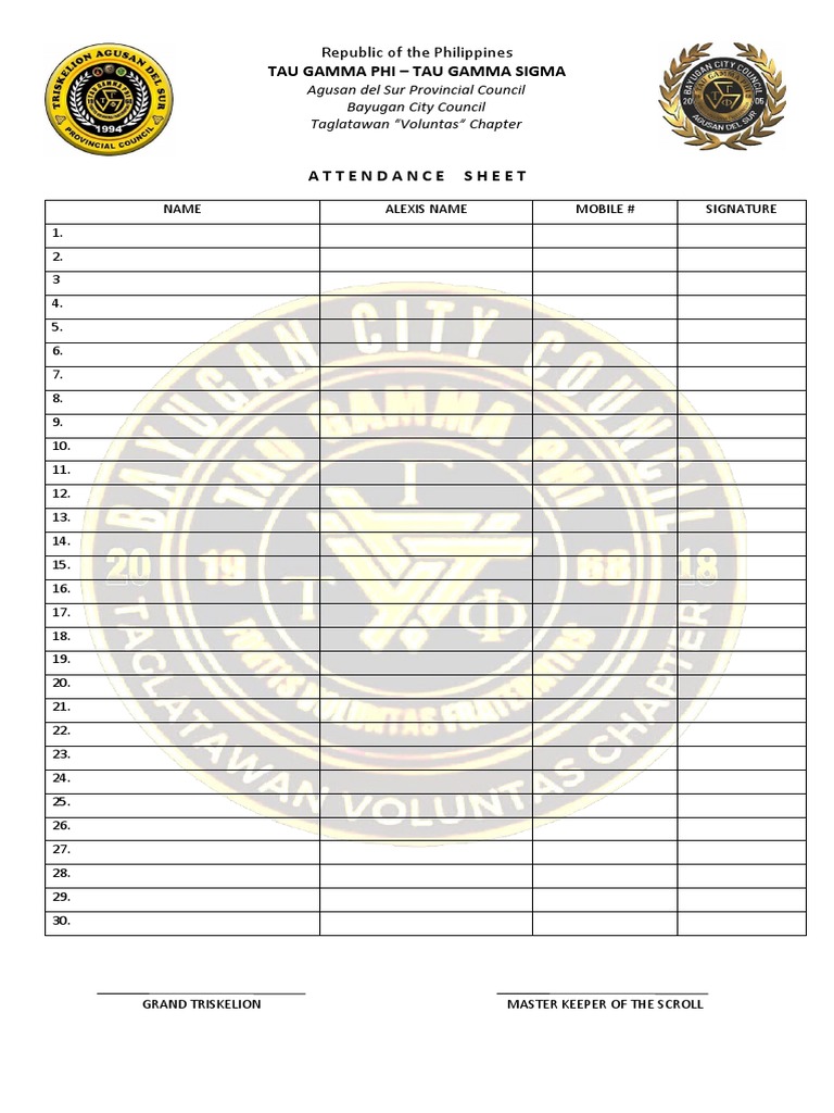 Tau Gamma Phi Attendance Sheet | PDF