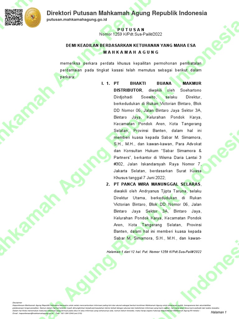 Putusan 1259 K PDT - Sus-Pailit 2022 20230301003300 | PDF