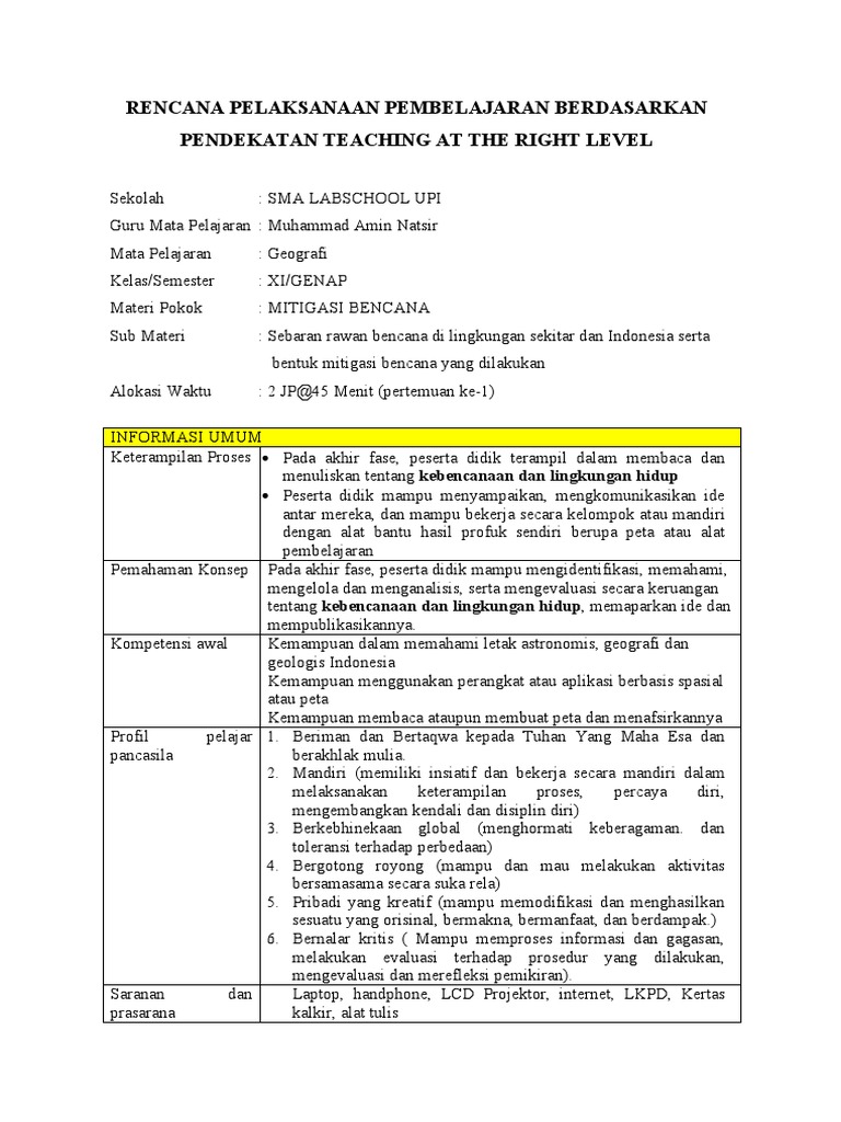 Rencana Pelaksanaan Pembelajaran Berdasarkan Pendekatan Teaching at The Right Level | PDF