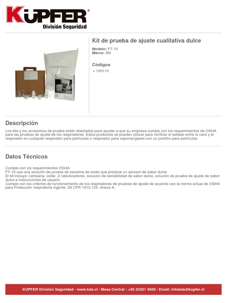 Ficha Producto Kit de Prueba de Ajuste Cualitativa Dulce 100110 | PDF