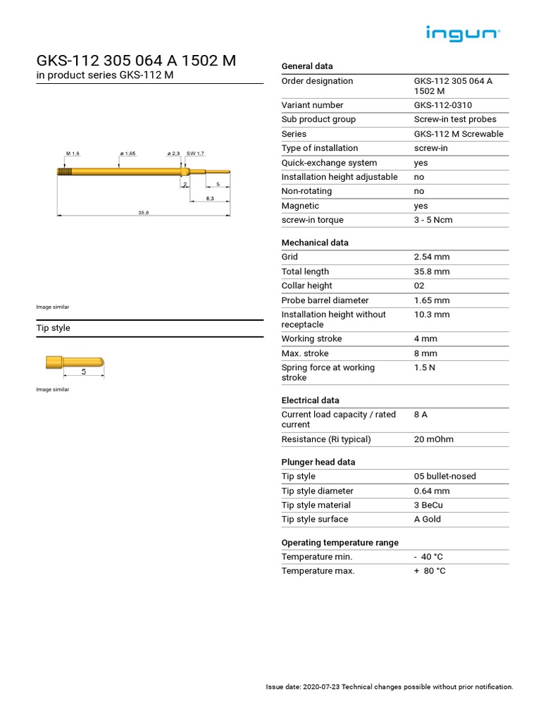 Technical Specifications and Performance Data for the GKS-112 305 064 A ...