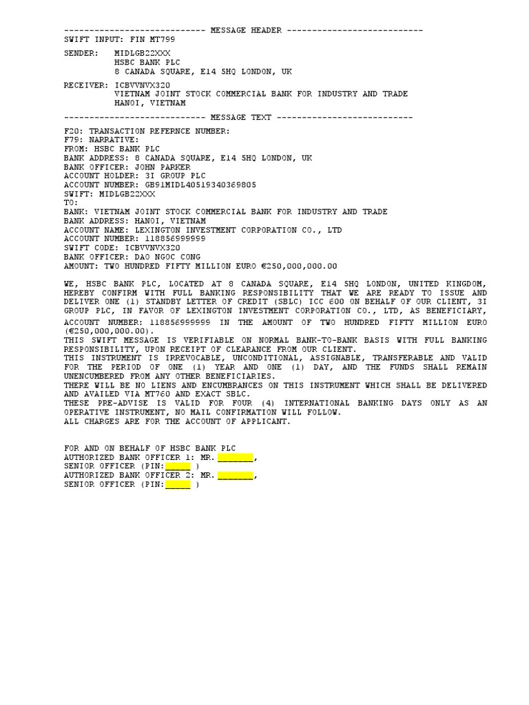 Draft MT799 - SBLC 250me Uk - VN | PDF