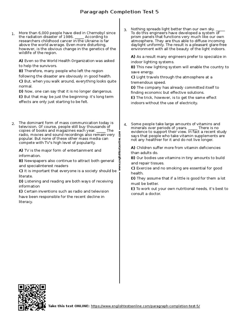 Paragraph Completion Test 5 | PDF | Vitamin | Natural Environment