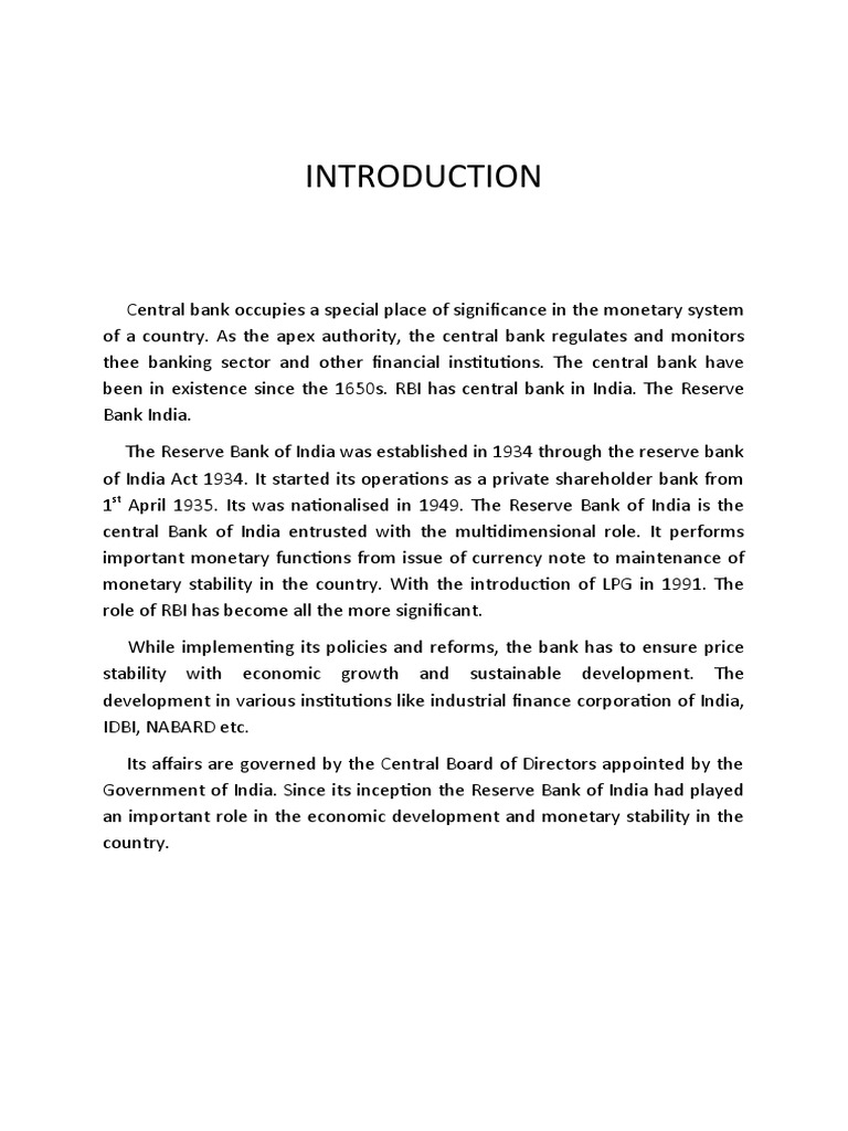 INTRODUCTION 1 Feb Project | PDF | Reserve Bank Of India | Central Banks