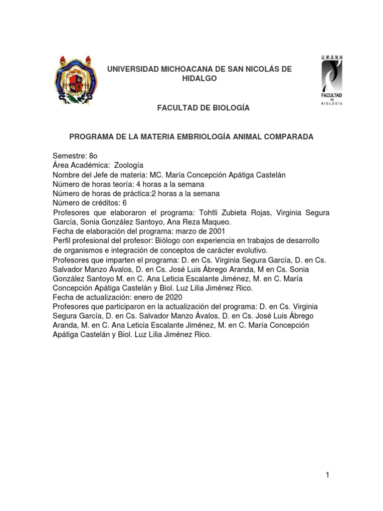 Programa de Embriología Animal Comparada | PDF | Morfogénesis ...