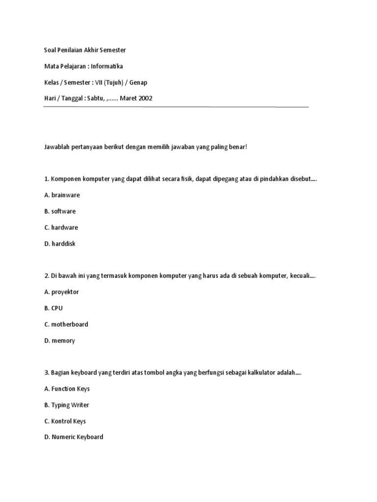 Soal PAS Informatika Kelas VII Genap | PDF