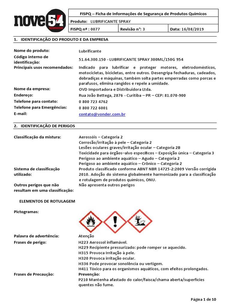 3 - Fispq - Lubrificante Spray 300ml 150g 954 | PDF | Combustão | Primeiros socorros
