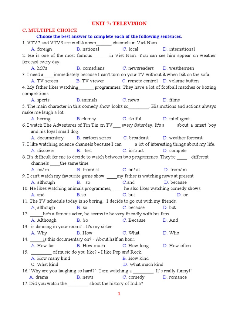 Multiple Choice E6 (Unit 7-8-9) | PDF | Entertainment