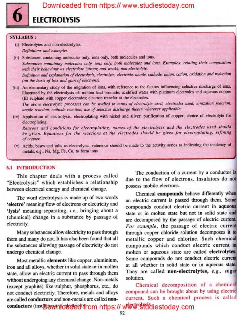 ICSE Class 10 Chemistry Chapter 06 Electrolysis | PDF