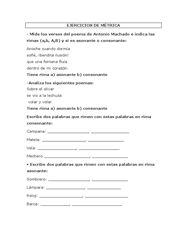 EJERCICIOS DE MÉTRICA | PDF | Rima | Poesía