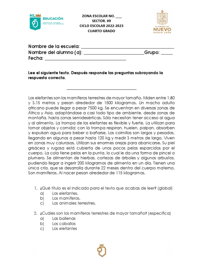 Comprension Lectora Cuarto Grado PDF | PDF | Sintaxis | Lingüística