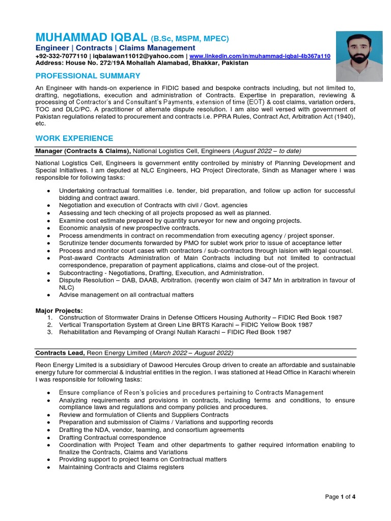 CV - Contracts Administrator - Iqbal PDF | PDF | Procurement | Employment