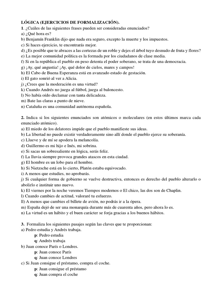 Lógica Ejercicios de Formalización | PDF